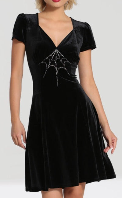 Morticia Spiderweb Dress in Black Velvet | Double Trouble Apparel
